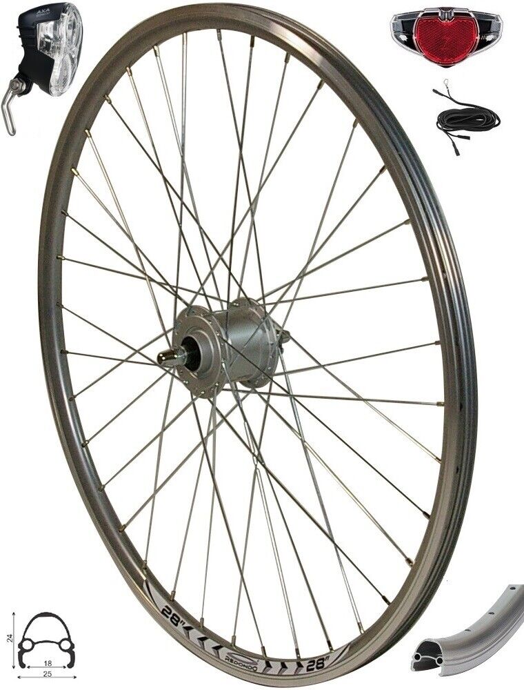 REDONDO 28 inch front wheel silver with Shimano hub dynamo and AXA hea ...